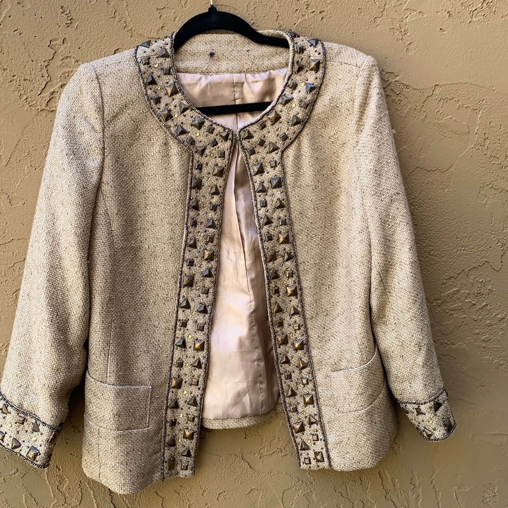 Boston Proper Stud Embellished Tan Tweed Jacket - Gem